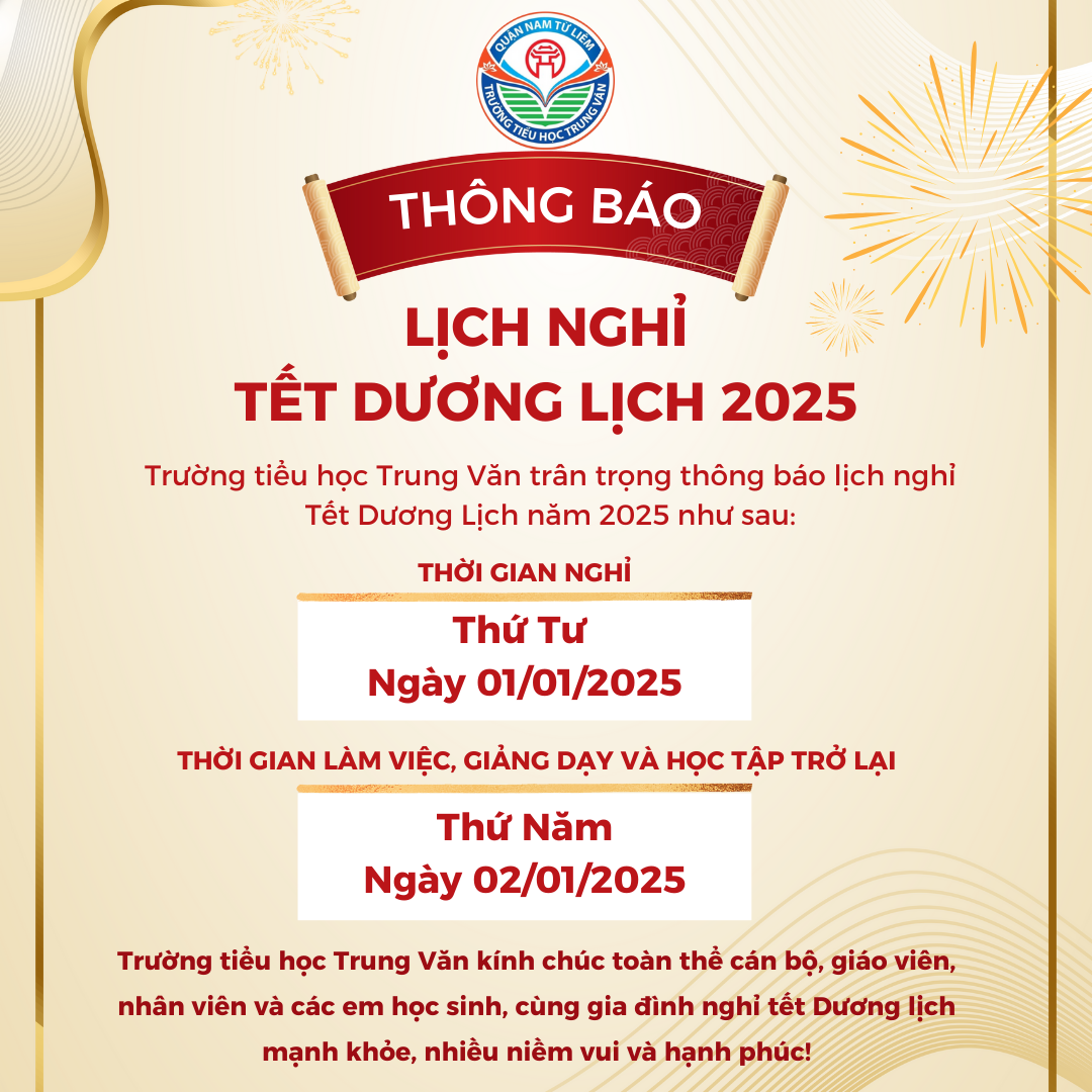 THTV - THÔNG BÁO NGHỈ TẾT DƯƠNG LỊCH NĂM 2025 - Tiểu học Trung Văn